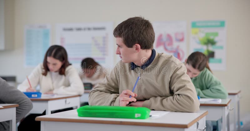 High School, Boy and Students at Desk for Learning, Thinking and ...