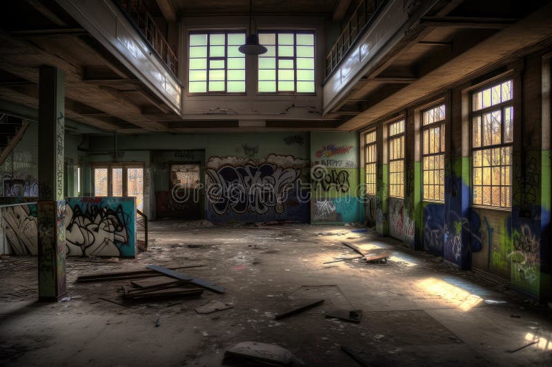 High-school, with Broken Windows and Graffiti on the Walls, Looking ...