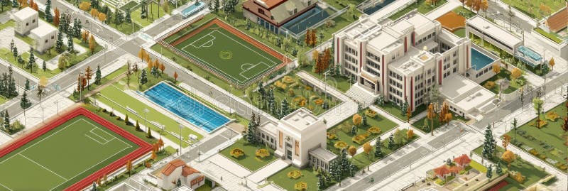 Isometric Representation of a High School Campus Featuring Sports Fields and Educational ...