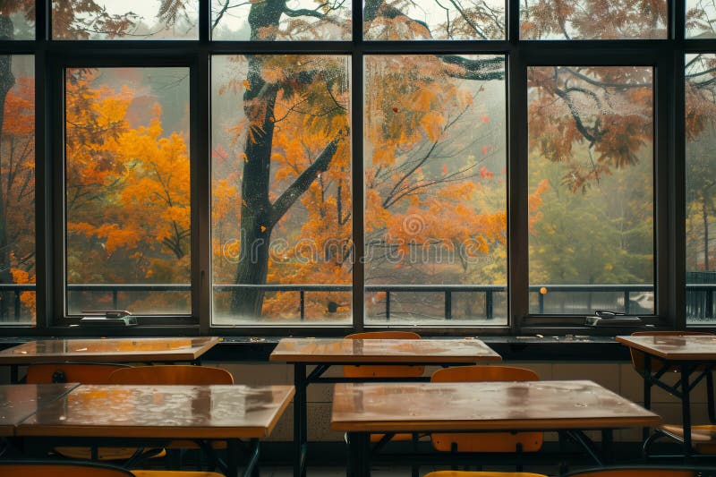 High School Classroom during a Rainy Autumn Day Stock Illustration ...