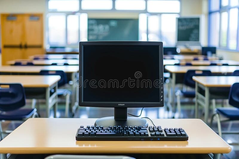 High School Computer Classroom Setup with Monitors and Desks Stock ...