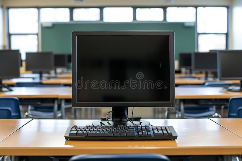 High School Computer Classroom Setup with Monitors and Desks Stock ...