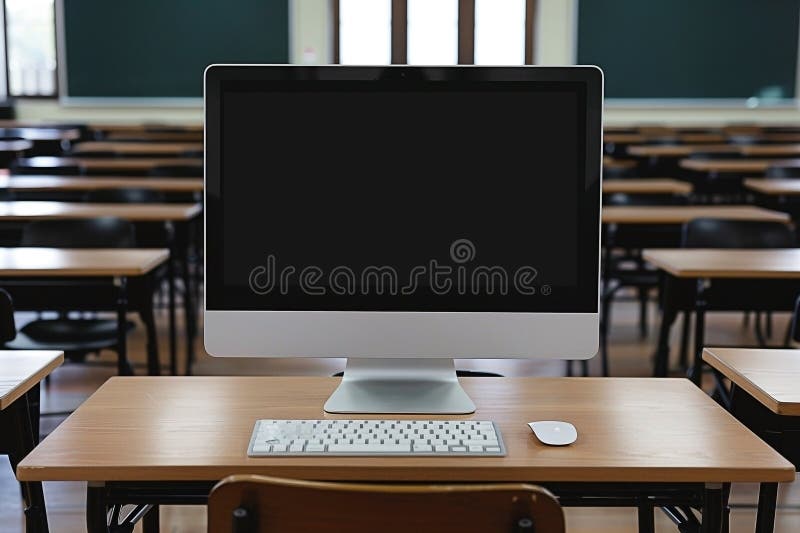 High School Computer Classroom Setup with Monitors and Desks Stock ...