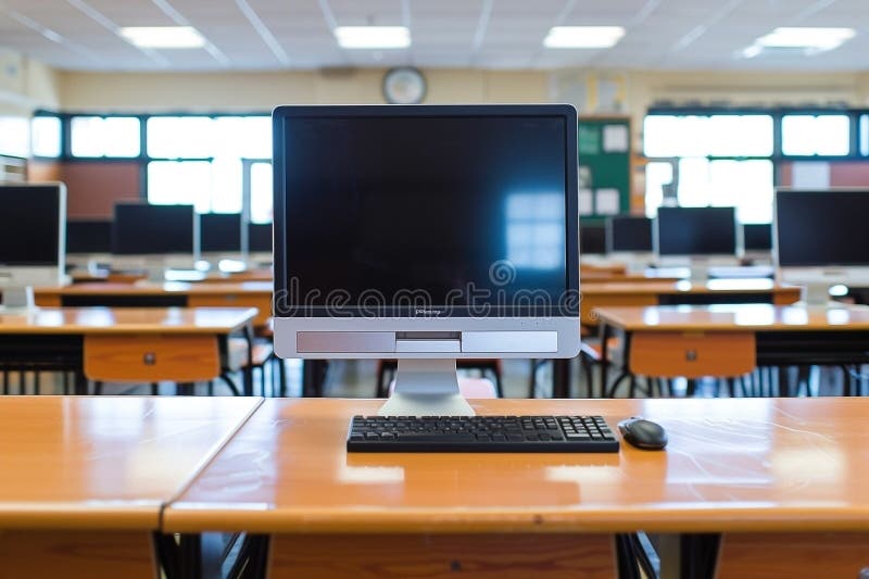 High School Computer Classroom Setup with Monitors and Desks Stock ...