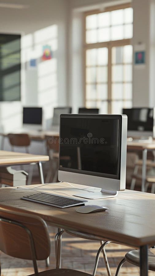 High School Computer Classroom Setup with Monitors and Desks Stock ...