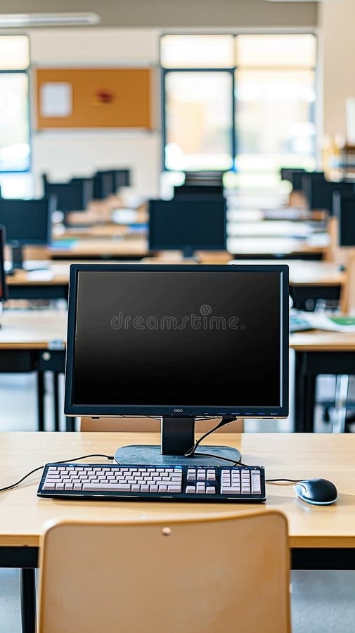 High School Computer Classroom Setup with Monitors and Desks Stock ...