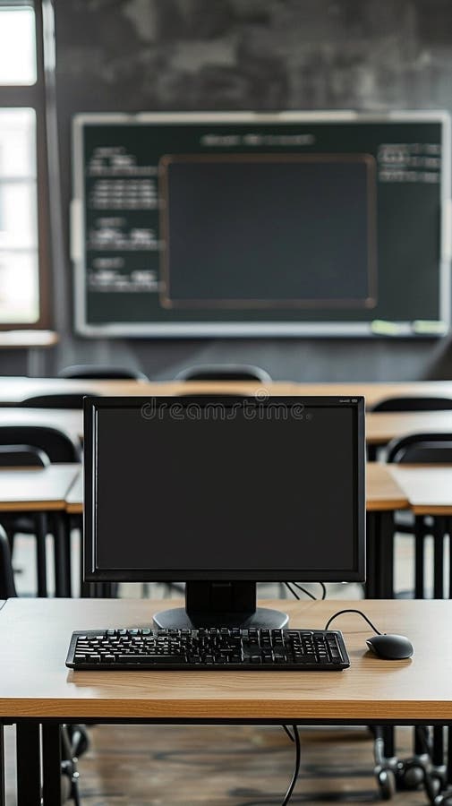 High School Computer Classroom Setup with Monitors and Desks Stock ...