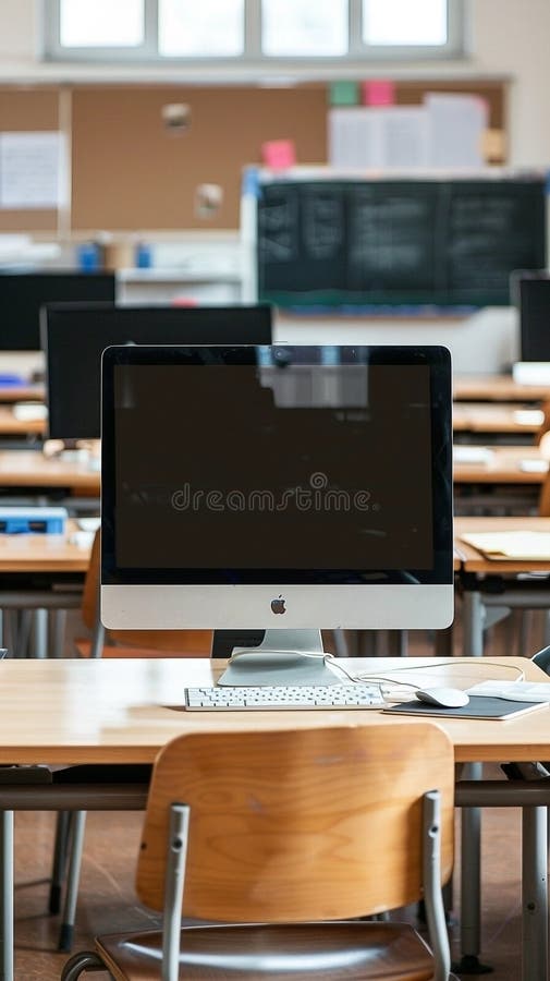 High School Computer Classroom Setup with Monitors and Desks Stock ...