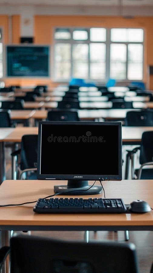 High School Computer Classroom Setup with Monitors and Desks Stock ...