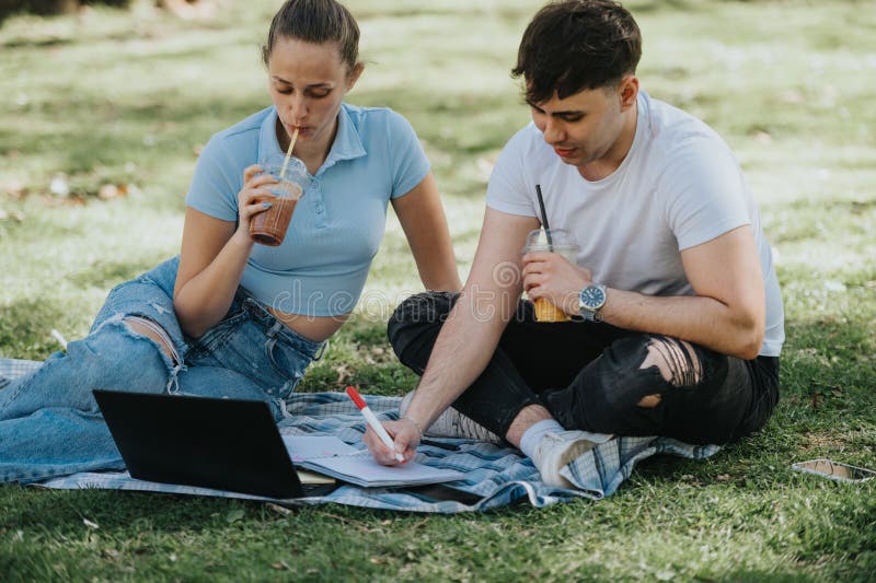 High School Friends Studying Together in an Urban Park, Collaborating ...
