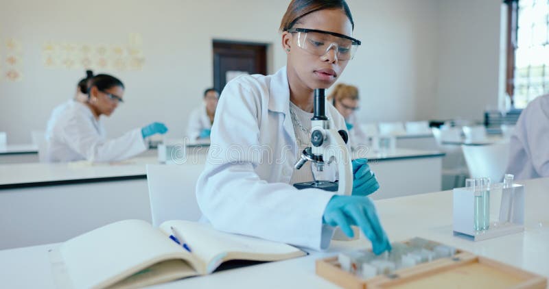 High School, Girl and Microscope in Science Classroom for Chemistry ...