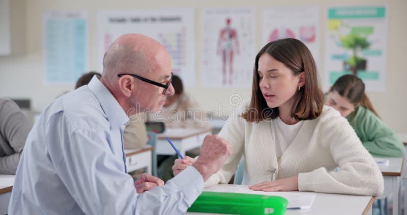 High School, Girl and Teacher with Help in Class for Education ...