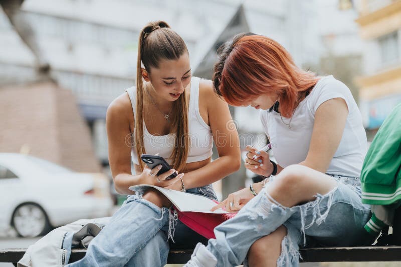 High School Girls Studying Together Outdoors, Sharing Knowledge and ...
