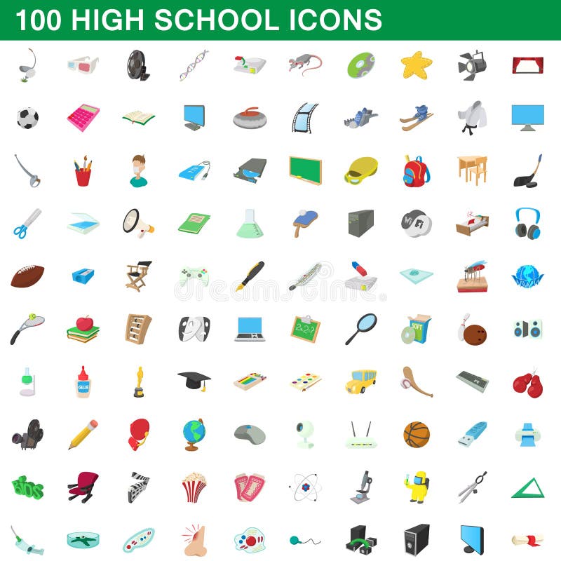 100 High School Icons Set, Cartoon Style Stock Vector - Illustration of ...