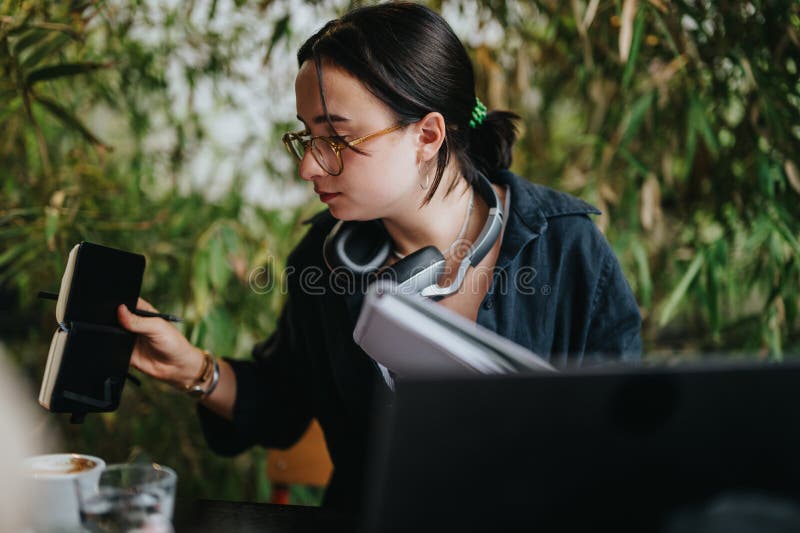 Teen Focused on Assignments while Studying in a Cozy Coffee Bar Stock ...