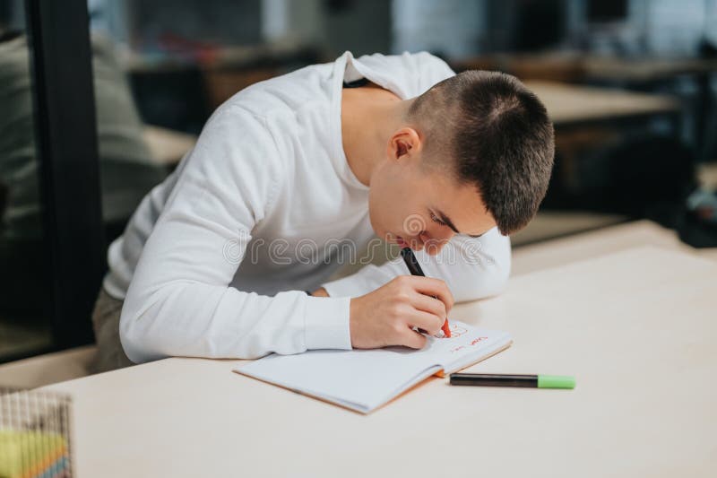 High School Student Focused on Classroom Writing Assignment Stock Photo ...