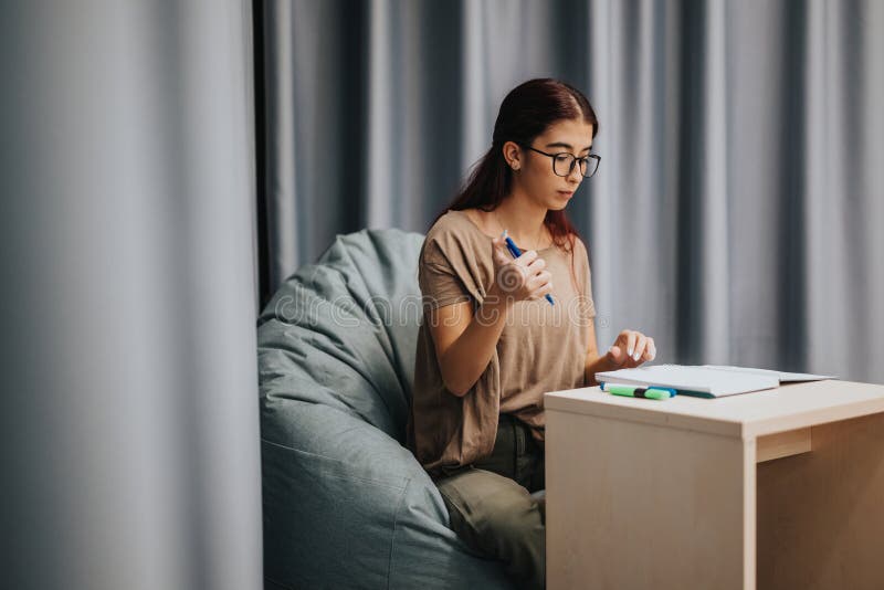 High School Student Focused on Studying in a Cozy Room Setting Stock ...