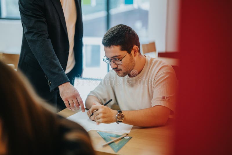 Focused High School Student Taking Notes with Teacher& X27;s Guidance ...
