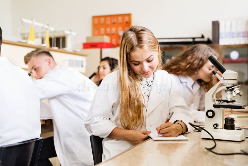 High School Student with Microscopes in Laboratory. Stock Image - Image ...