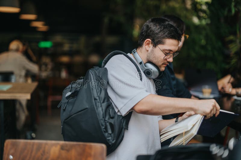 High School Student Organizing Notes in a Cozy Coffee Shop Stock Photo ...