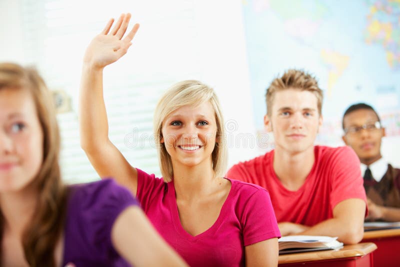 High School: Student Raising Hand with Answer Stock Photo - Image of ...