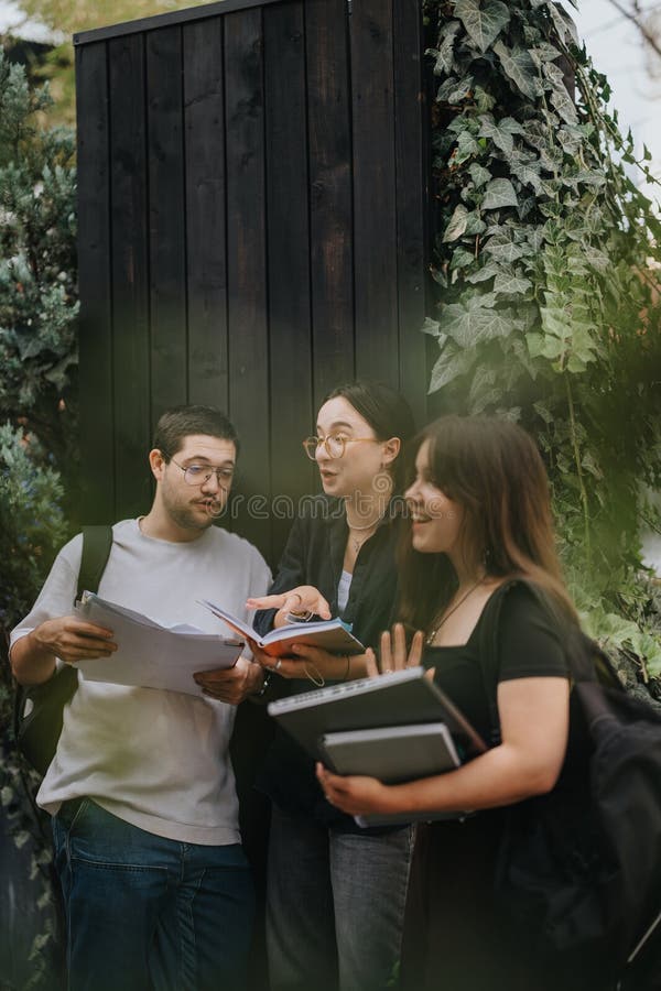 High School Students Collaborating on Homework Outdoors after Classes ...