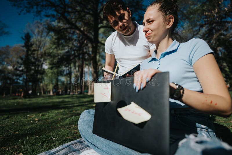 High School Students Collaborating on Project in Outdoor Campus Setting ...