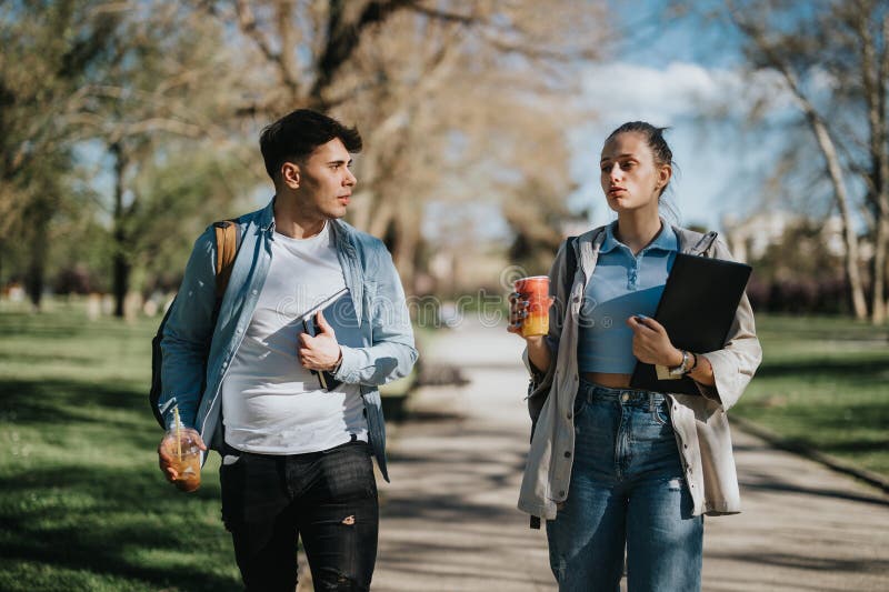 High School Students Discussing Their Project in a Park, with Notes and ...