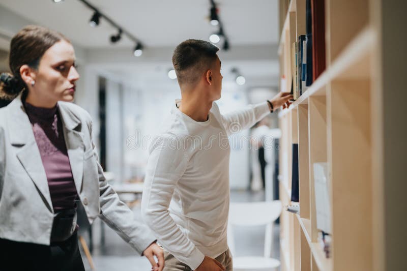 High School Students Exploring Bookshelves during Library Class Stock ...
