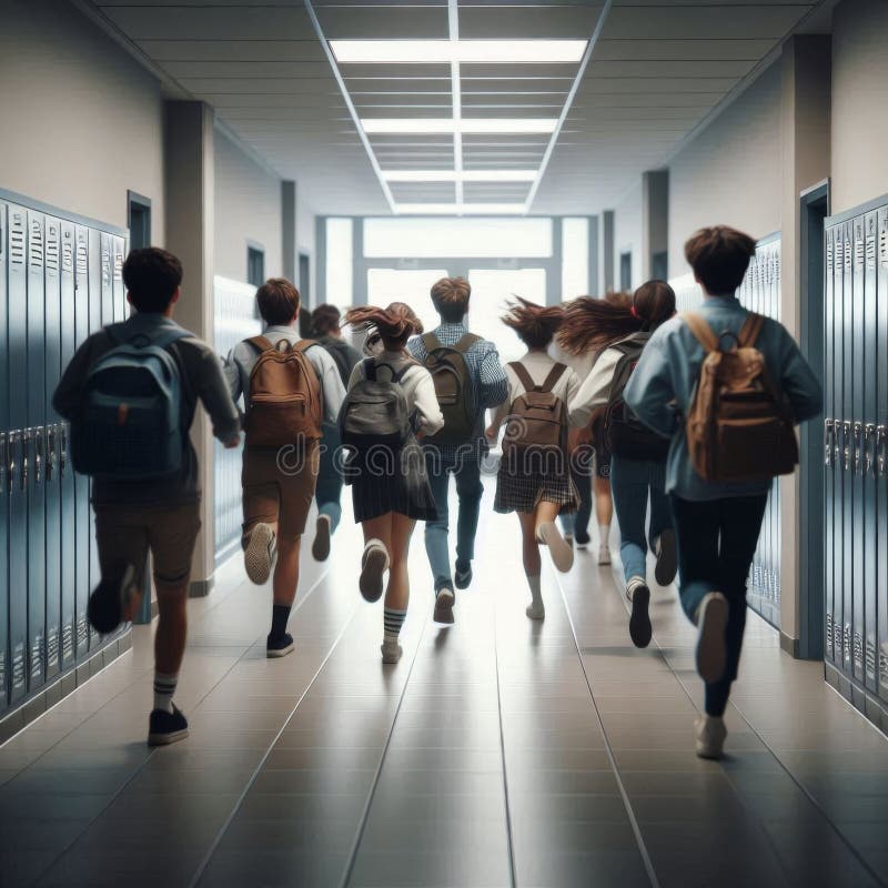 High School Students Running Down the Hallway, View from Behind Stock ...