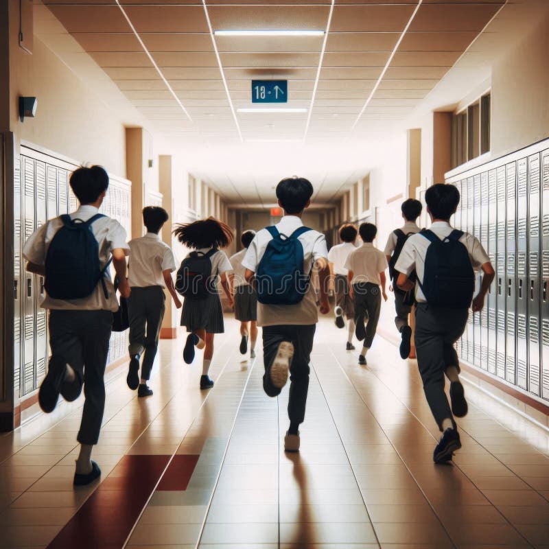 High School Students Running Down the Hallway, View from Behind Stock ...