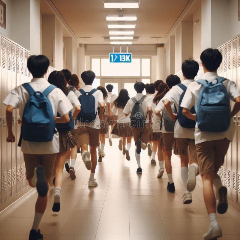 High School Students Running Down the Hallway, View from Behind Stock ...