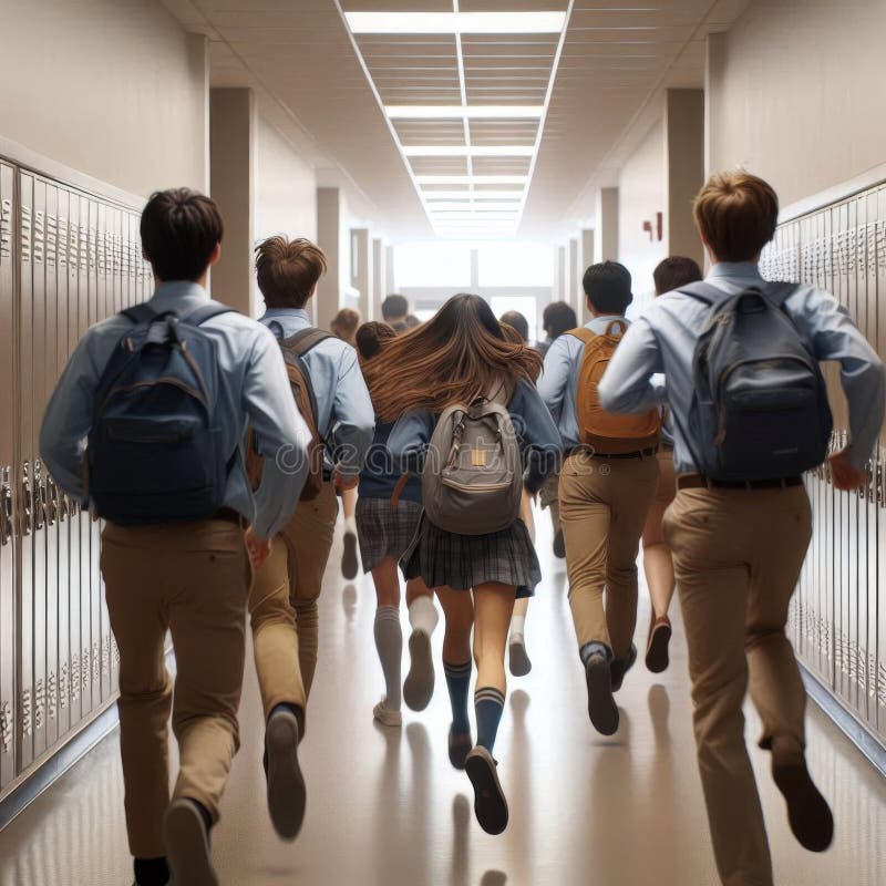 High School Students Running Down the Hallway, View from Behind Stock ...