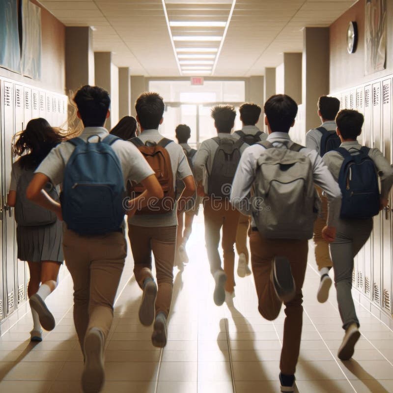 High School Students Running Down the Hallway, View from Behind Stock ...