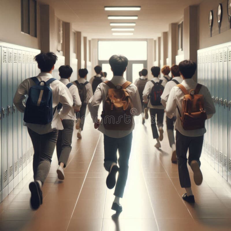 High School Students Running Down the Hallway, View from Behind Stock ...
