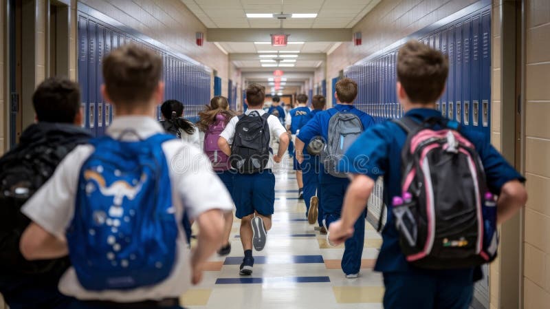 High School Students Running Down the Hallway, View from Behind Stock ...