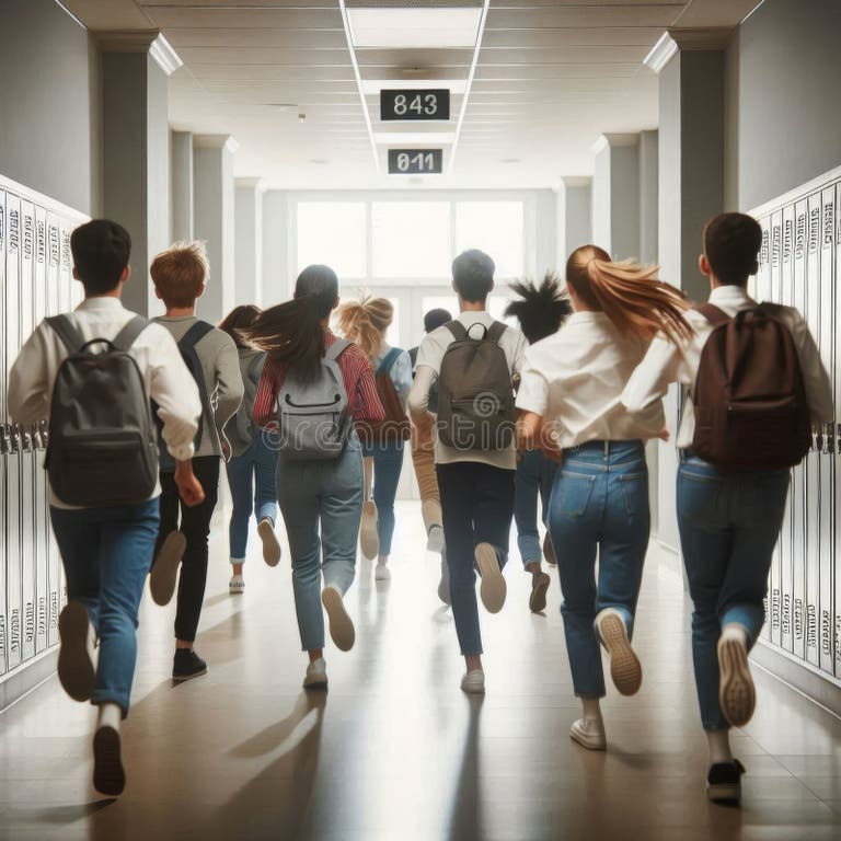 High School Students Running Down the Hallway, View from Behind Stock ...