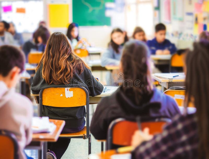 High School Students Seated in Classroom Rows Taking a Written Exam Under Supervision Stock ...