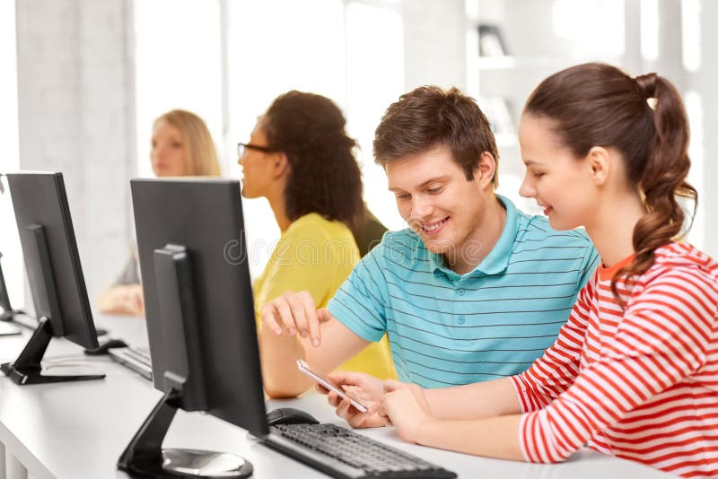 High School Students with Smartphone and Computer Stock Photo - Image ...