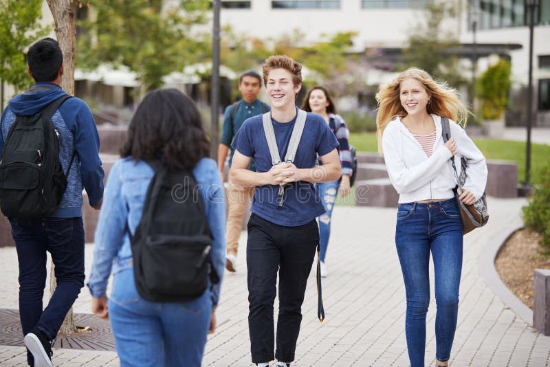High School Students Socializing Outside College Buildings Stock Image ...