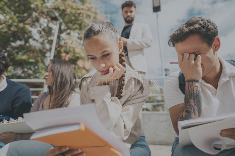 High School Students Studying Outdoors with Professor Overseeing Tasks ...