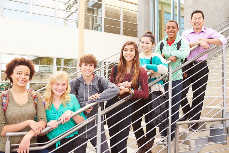 High School Students and Teacher Standing Outside Building Stock Photo ...