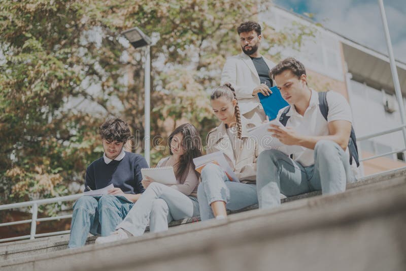 High School Students Working Outdoors with Professor Assistance Stock ...