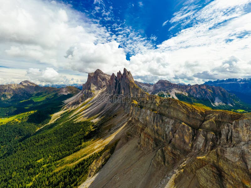 High Seceda Mountains and Green Valley in Good Sunny Day Stock Photo ...