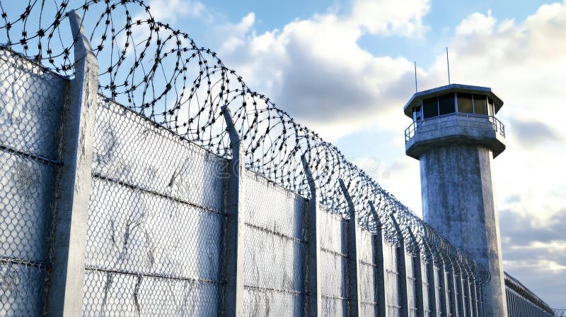 High Security Prison Fence with Barbed Wire and Guard Tower Under a ...