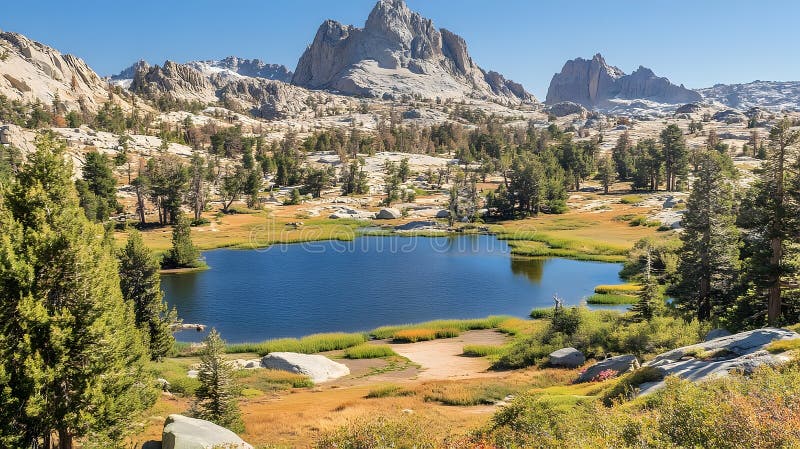 Sierra Nevada Alpine Lake stock illustration. Illustration of forest ...