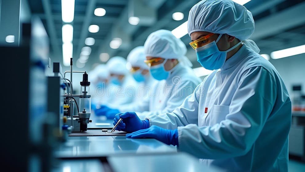 Modern Tech Industry Assembly Line in Cleanroom Stock Illustration ...