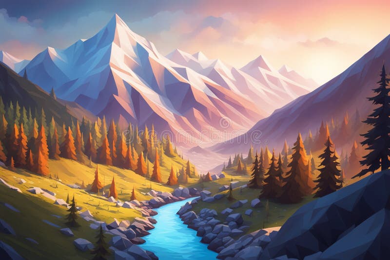 High Snow Mountain Pics and River on Morning Light Stock Photo - Image ...