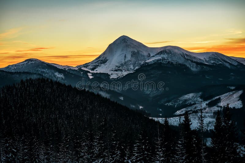 High Snowy Mountain on Sunset Stock Photo - Image of hill, nature ...