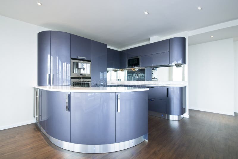 High Spec Designer Kitchen in Metal Blue Stock Photo - Image of ...